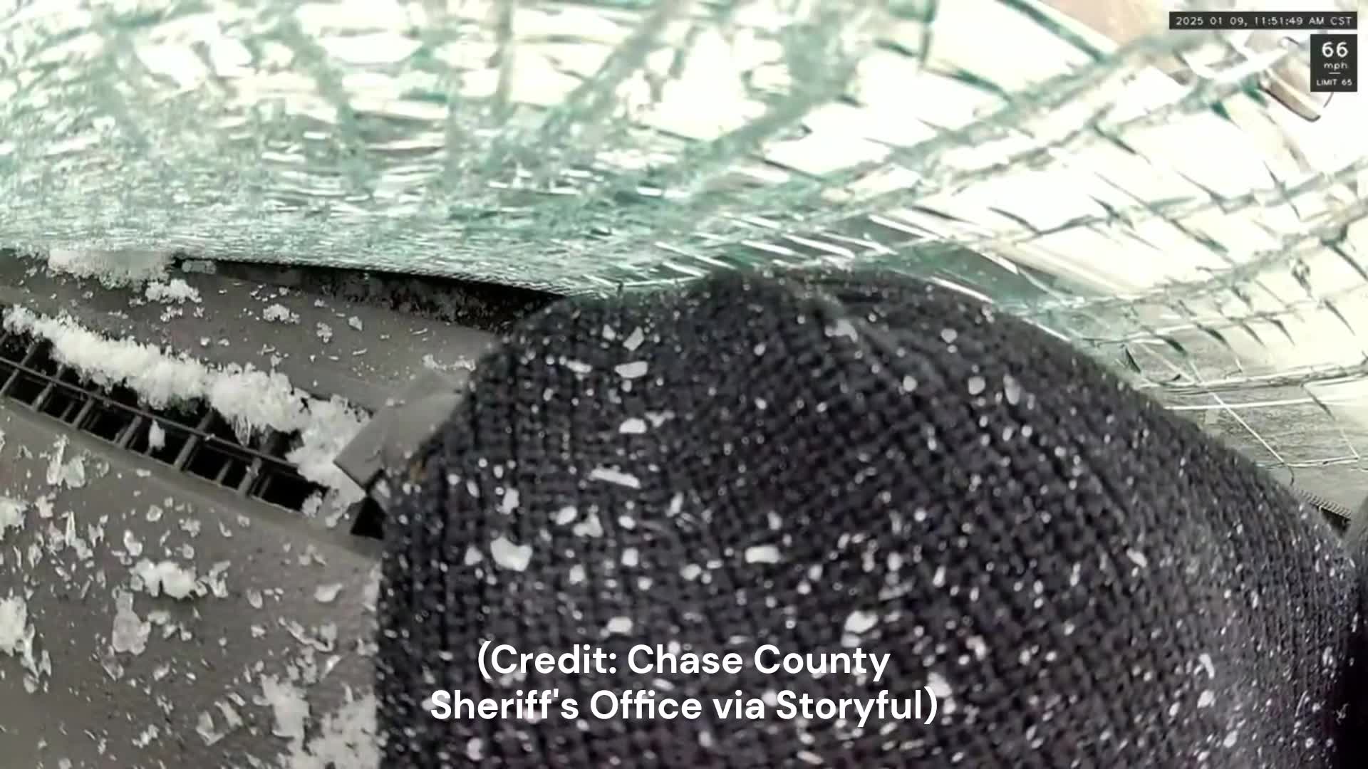 Windshield smashed by block of flying snow (Credit: Chase County ...